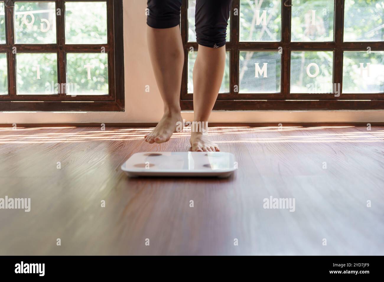 Fat diet and scale feet standing on electronic scales for weight ...