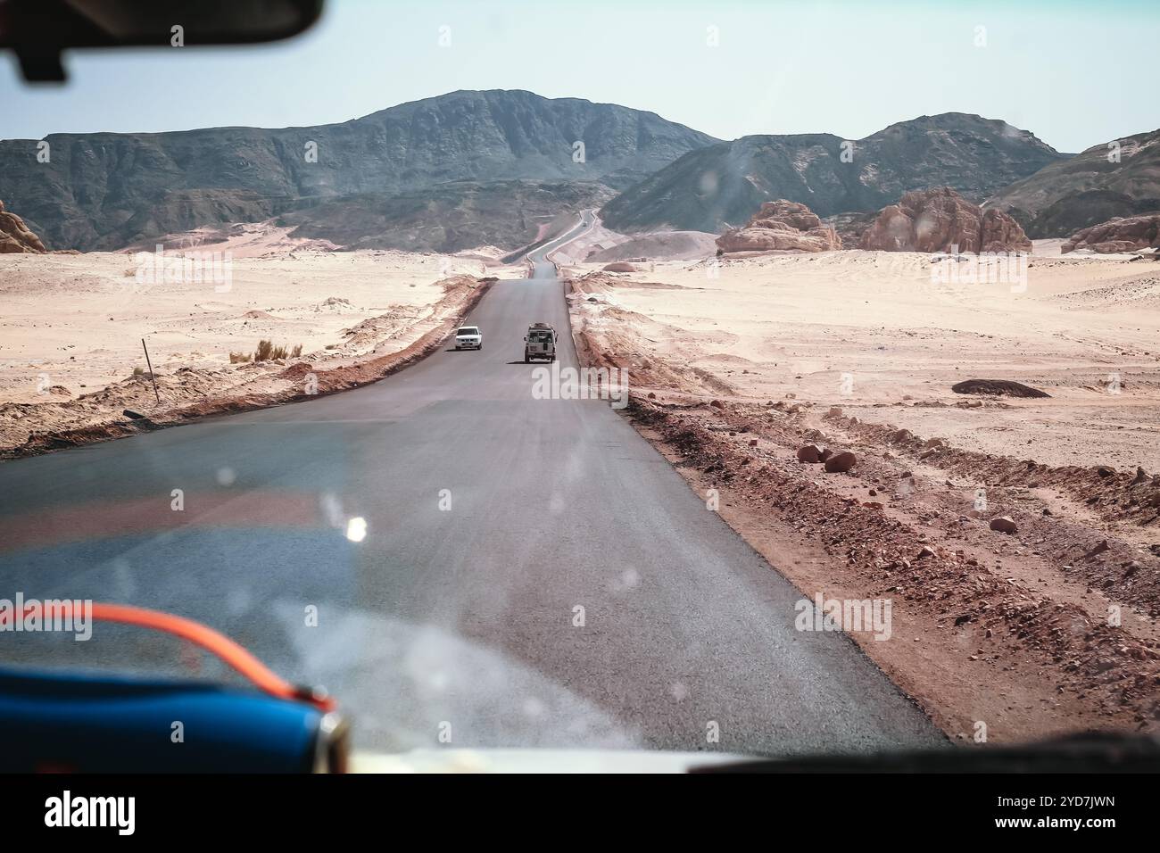 Dahab desert road in Egypt's Sinai Peninsula, view from the cabin of a ...
