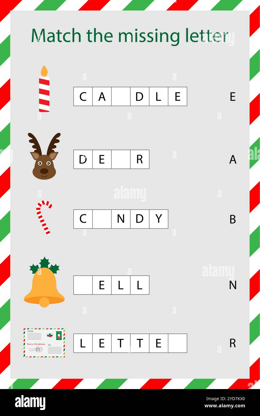 Match the missing letters, spell the word, christmas cartoon style ...