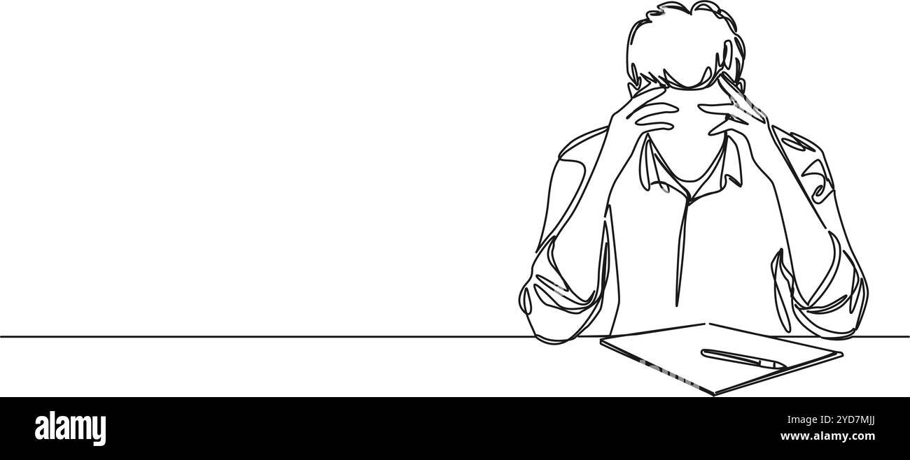 continuous single line drawing of stressed and frustrated young ...