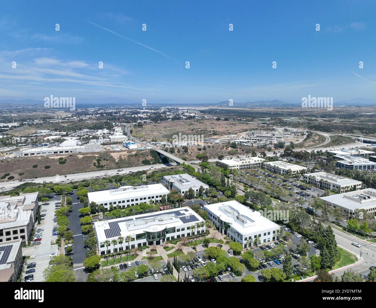 Aerial view of business park with mixed use facility service building ...