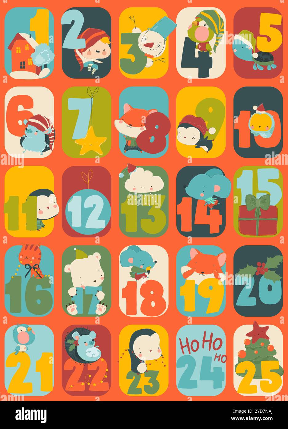 Cute Cartoon Advent Calendar with Funny Animals and Christmas Elements ...