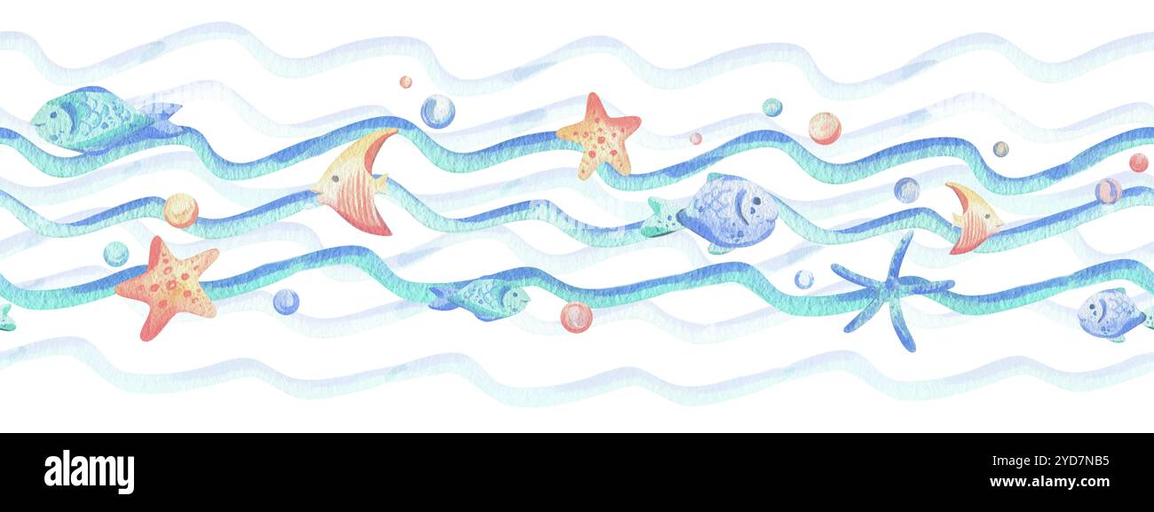 Sea waves, various fish, starfish, shells and bubbles. Hand drawn ...