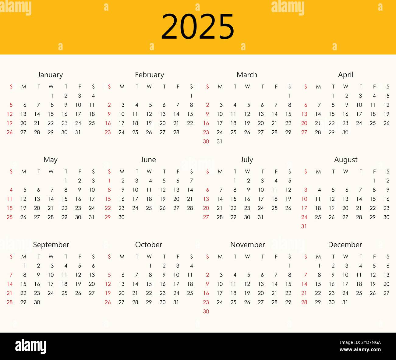 Calendar 2025 year. The week starts on Sunday. orange Stock Vector ...
