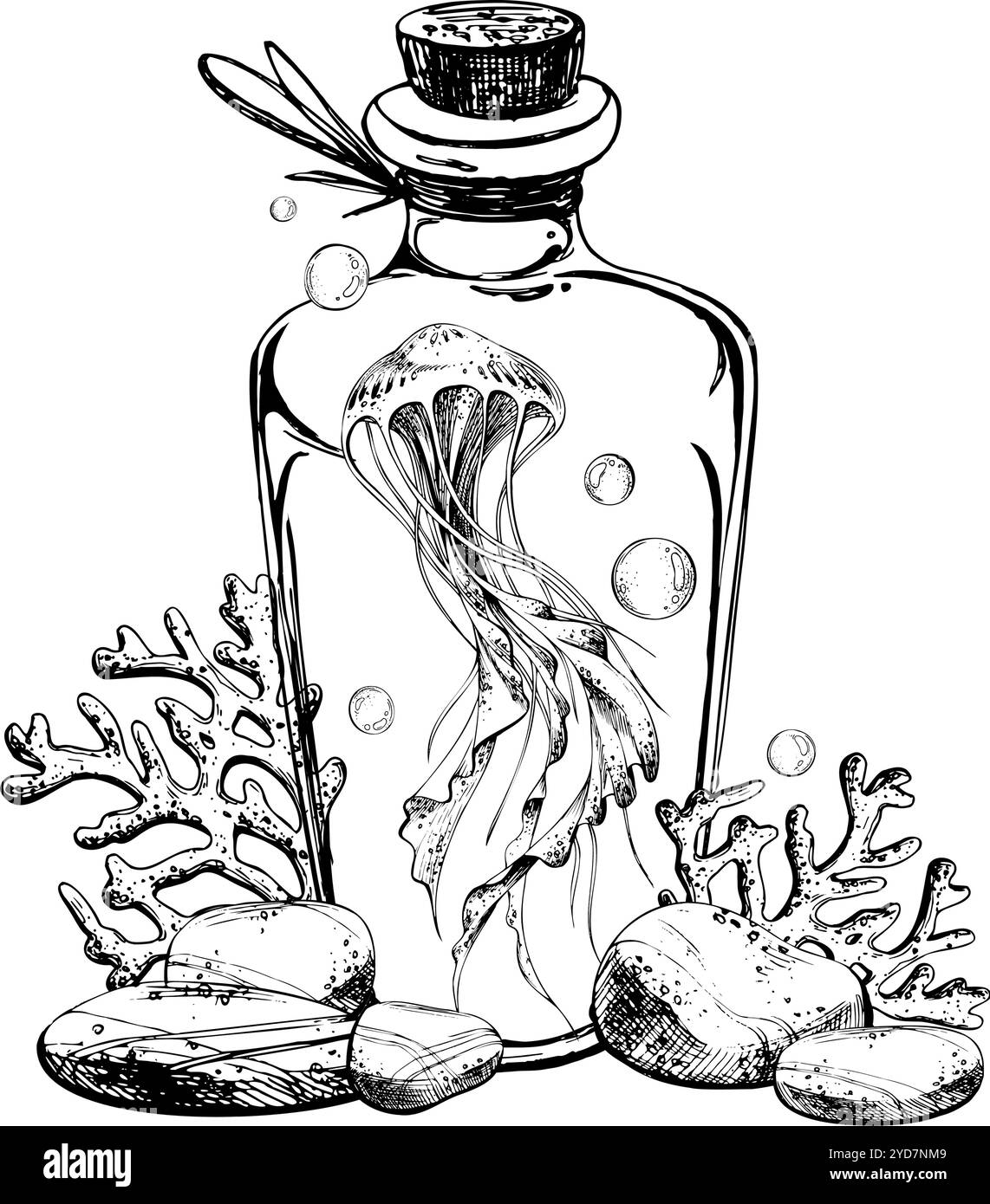 Sea jellyfish corals inside glass bottle jar with cork sea pebbles and ...