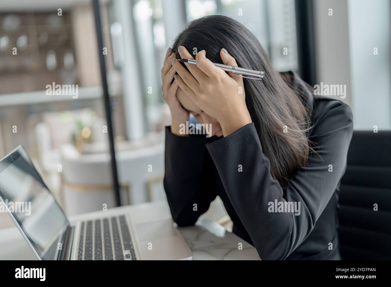 Burnout concept. Asian Business woman touching forehead having headache ...