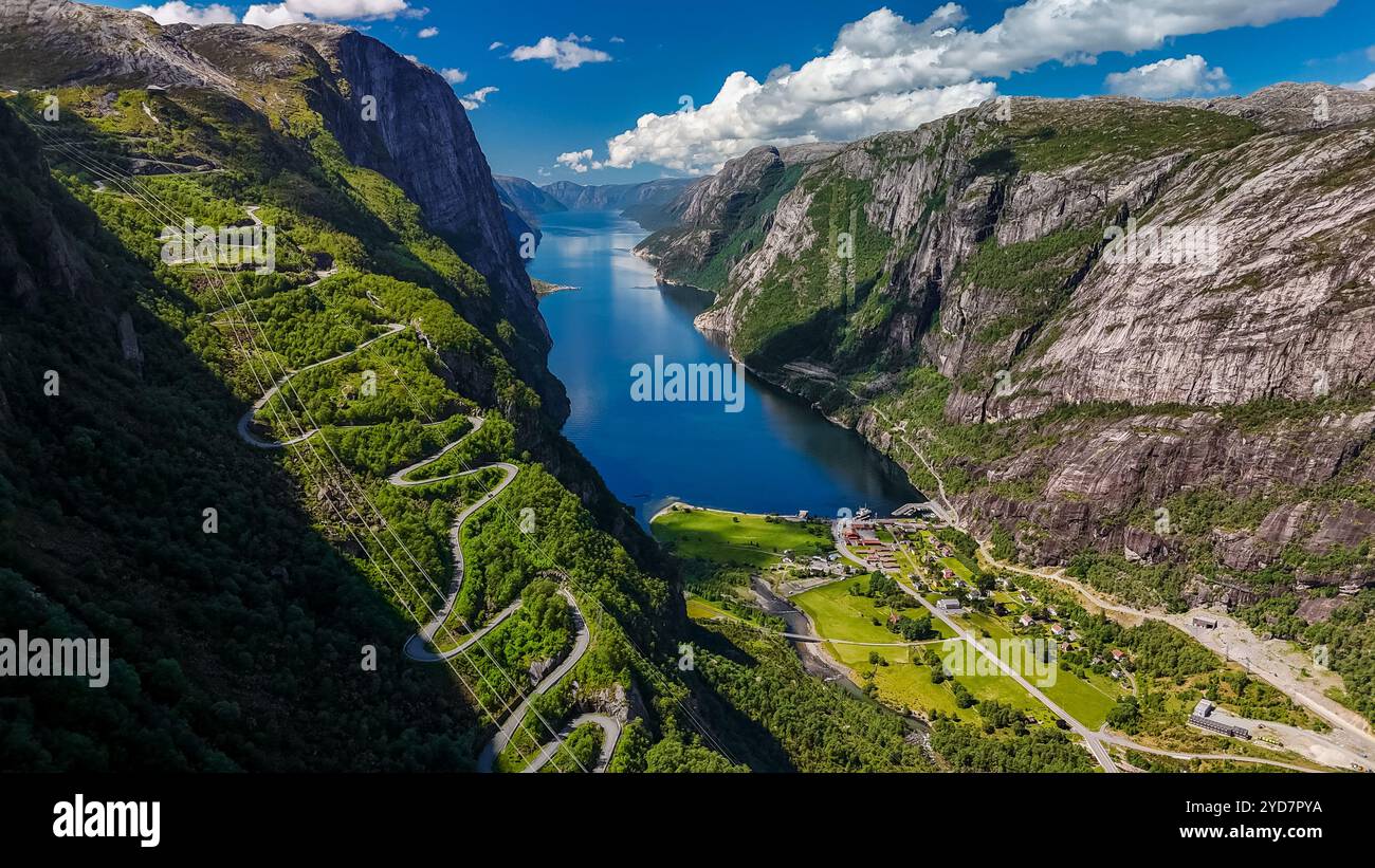 Kjerag, Lysebotn, Lysefjorden, Norway, An aerial view of a winding road ...