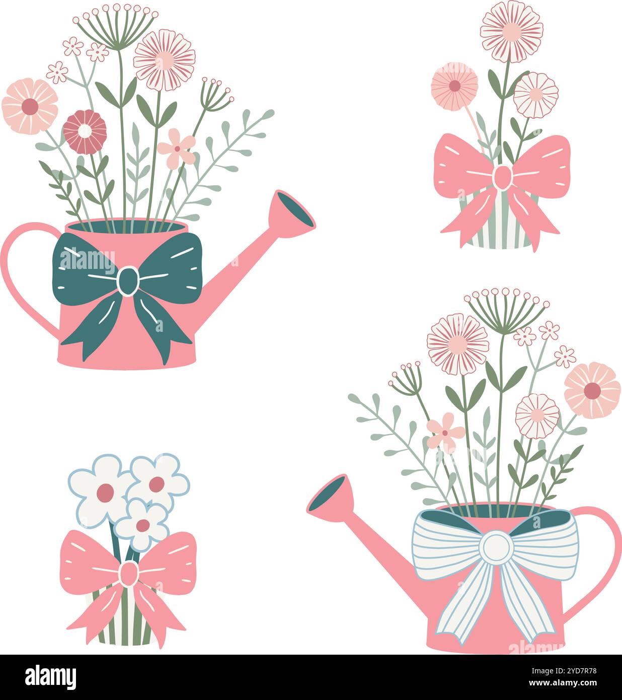 Vector clip art set, cute primitive flowers in pots and watering cans ...