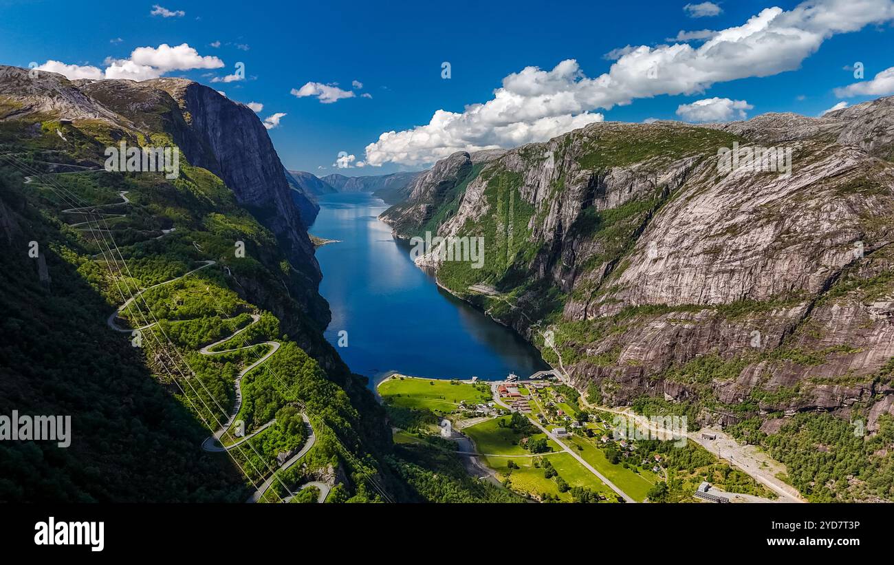 Kjerag, Lysebotn, Lysefjorden, Norway, An aerial view of a winding road snaking through the ...