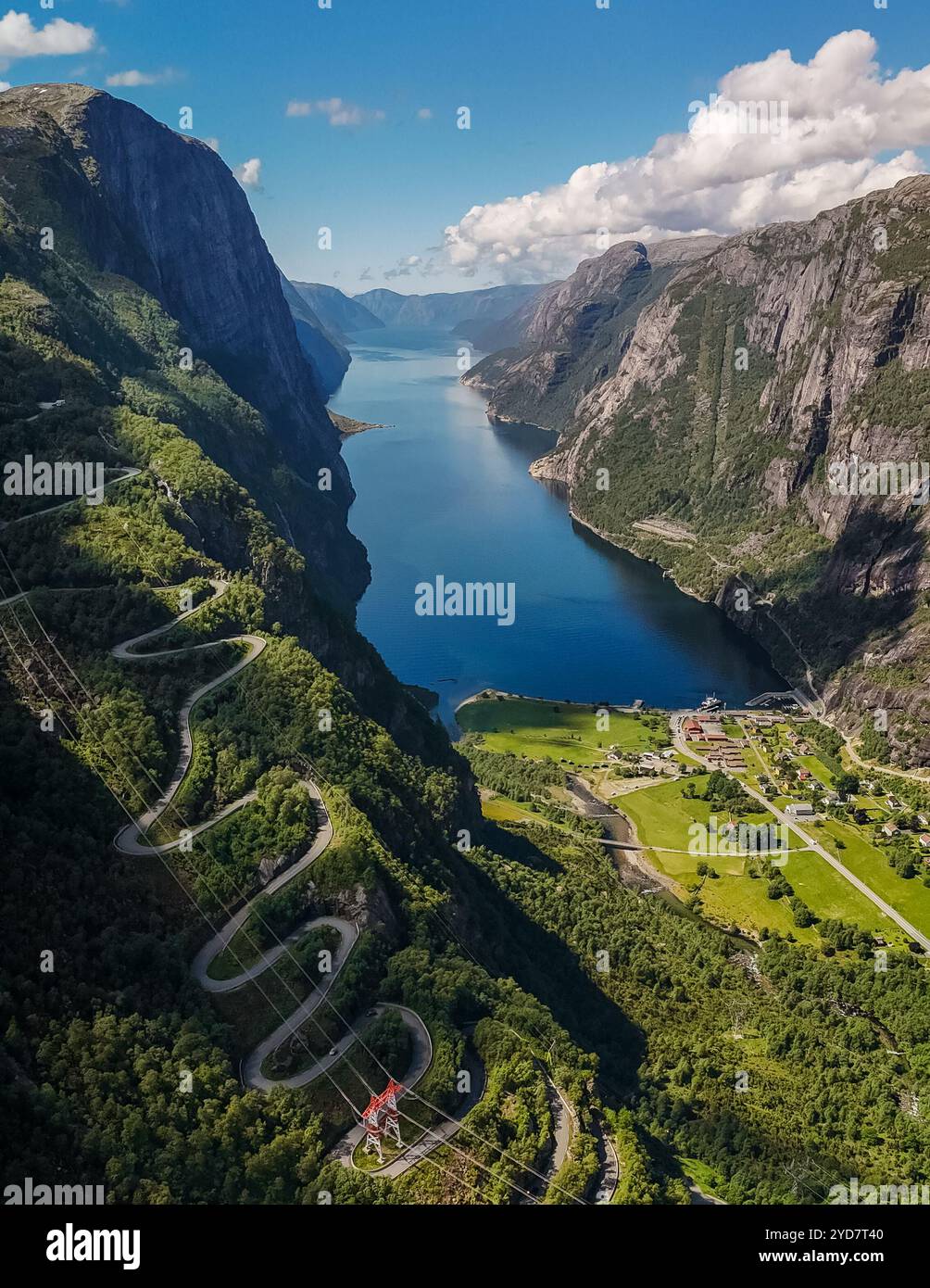 Lysebotn, Lysefjorden, Norway An aerial view of a winding road snaking ...