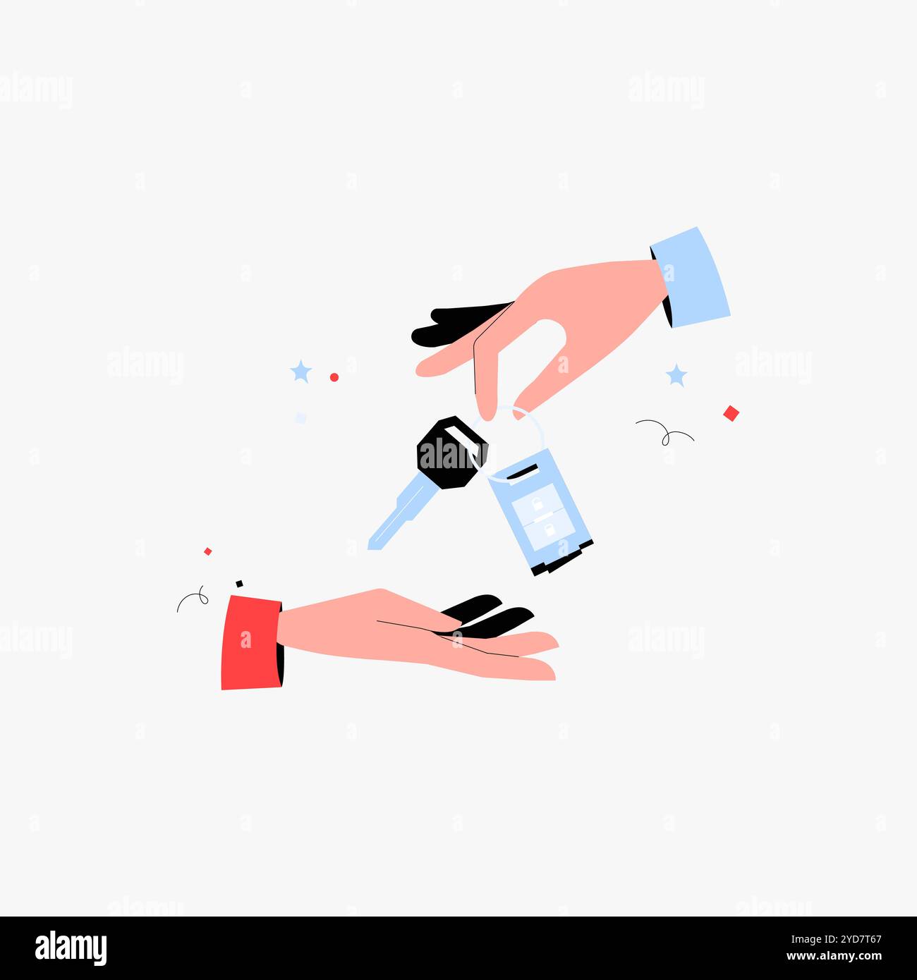 Hands exchanging car key in flat vector illustration symbolizing car ...