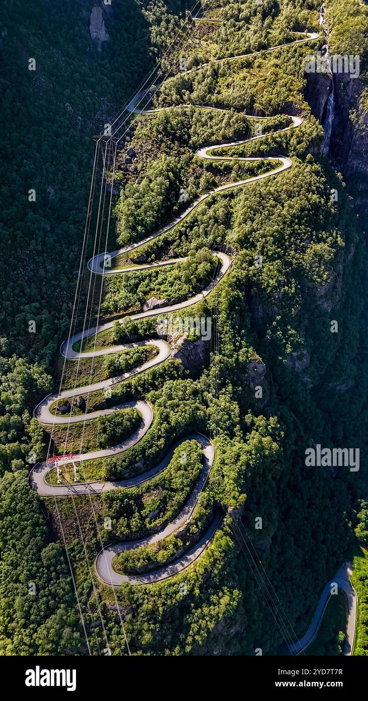 Lysebotn, Lysefjord, Norway, An aerial view of a winding road snaking ...