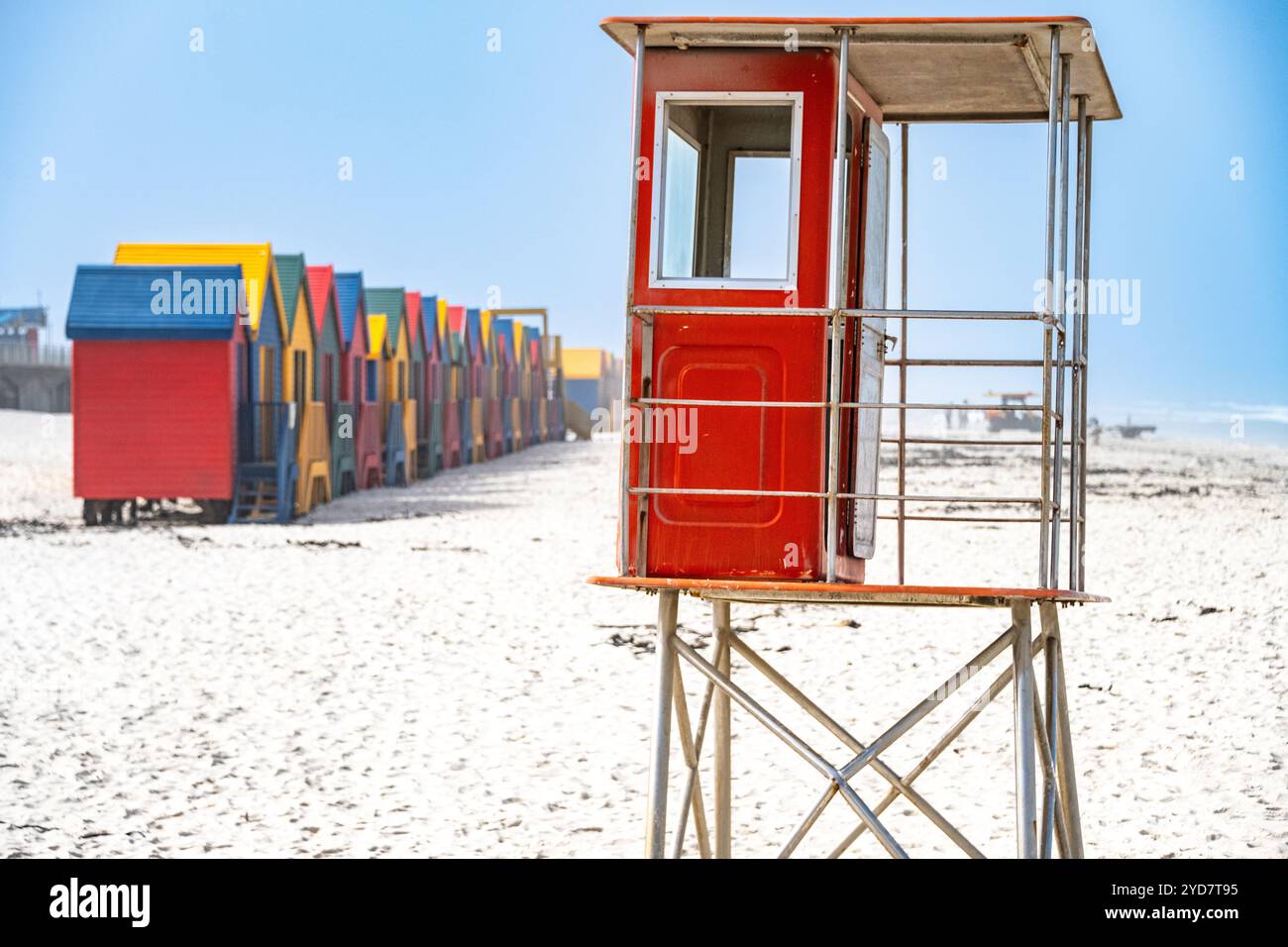 colorful beach huts and lifeguard shack at Muizenberg Beach in South ...