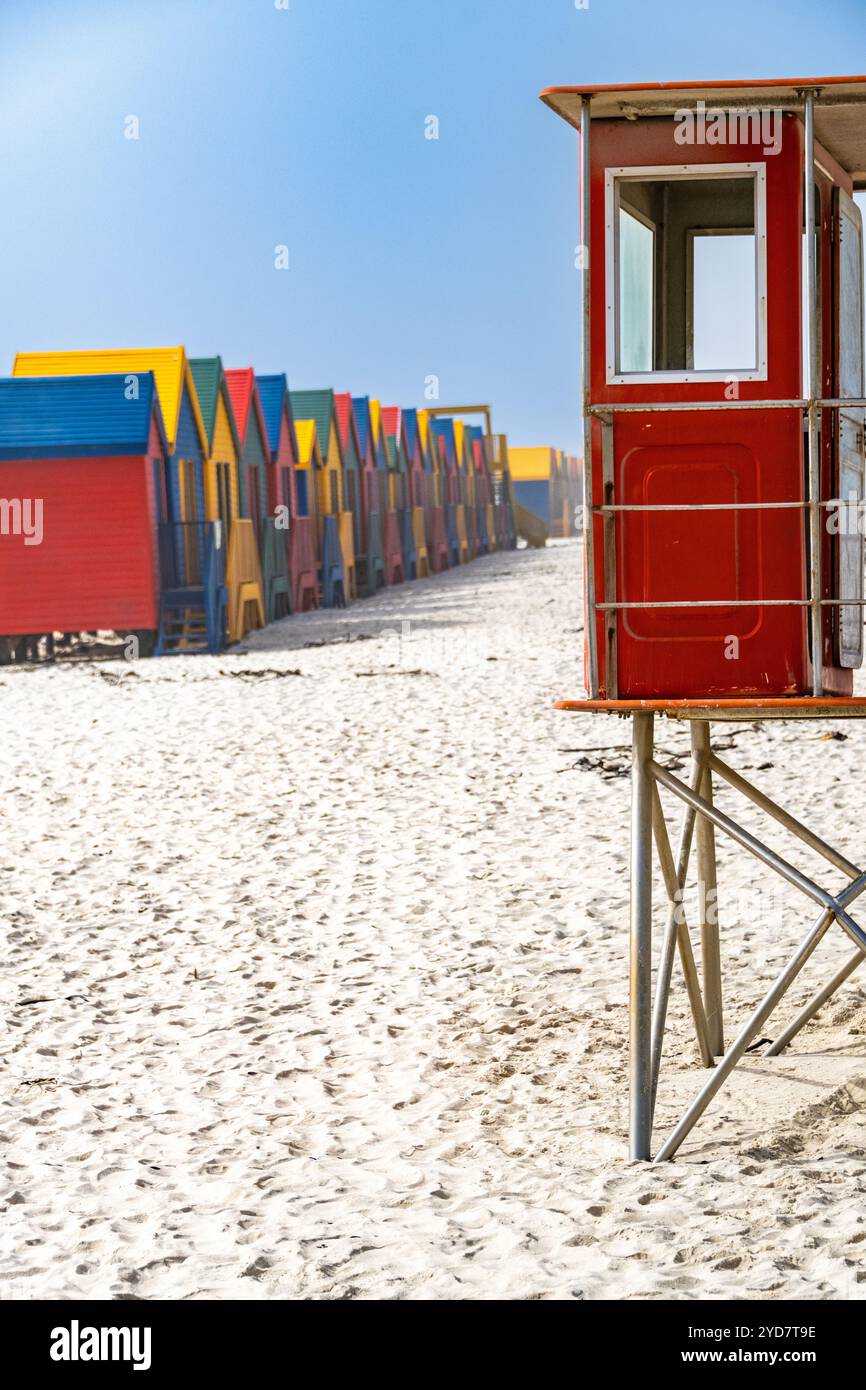 colorful beach huts and lifeguard shack at Muizenberg Beach in South ...
