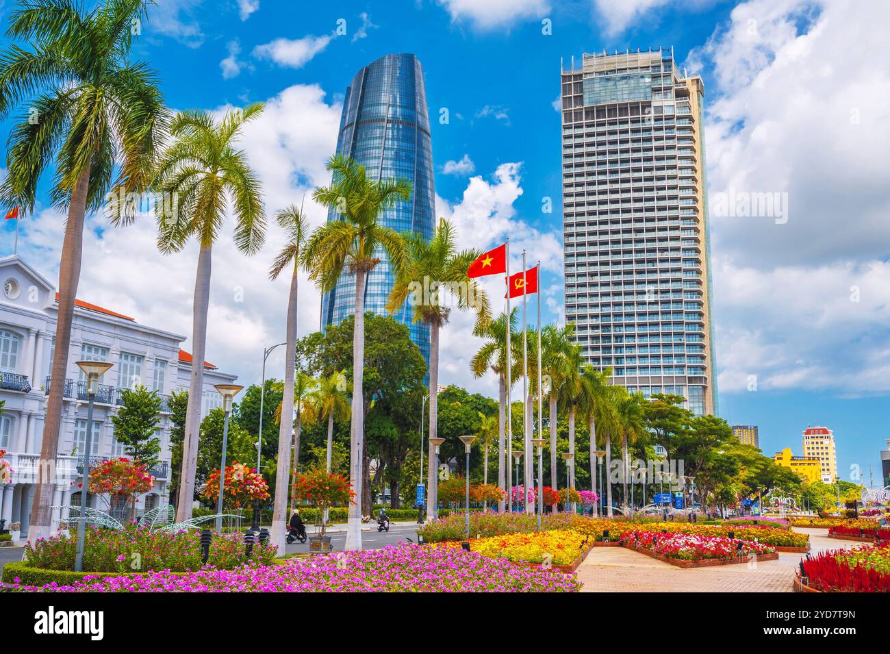 Palm trees and skyscrapers on the Han River embankment in Da Nang in ...