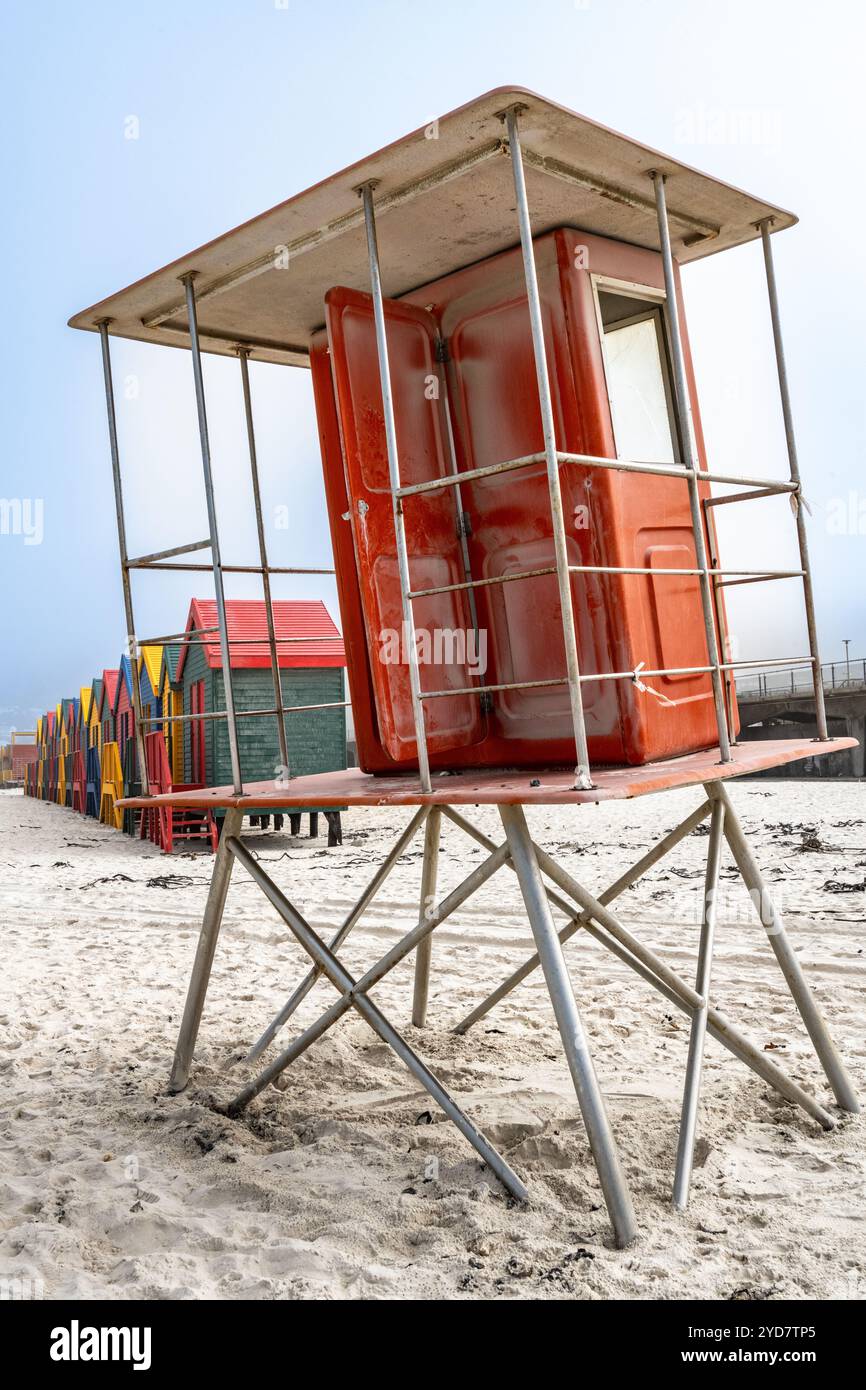 colorful beach huts and lifeguard shack at Muizenberg Beach in South ...