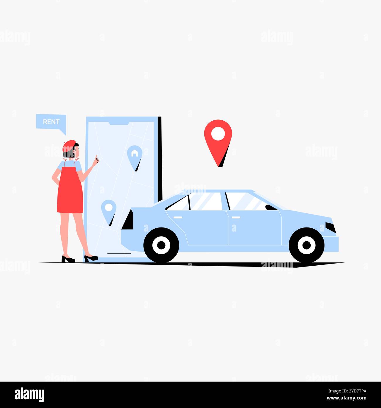 Female driver using navigation app in flat vector illustration ...