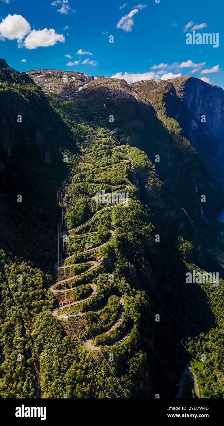 Lysebotn, Lysefjorden, Norway, An aerial view of a winding road snaking ...