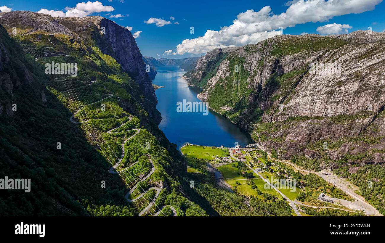 Kjerag, Lysebotn, Lysefjorden, Norway, An aerial view of a winding road snaking through a ...