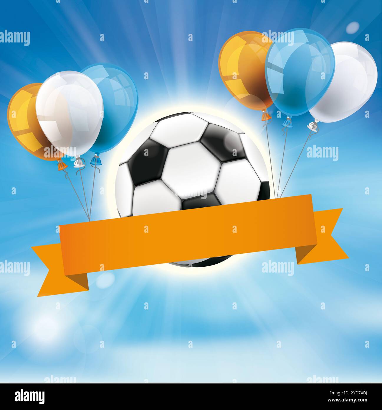 A classic football in the blue sky with balloons and orange banner. Eps ...