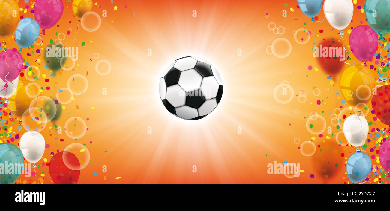 Classic football with colored balloons and confetti in the orange sky ...