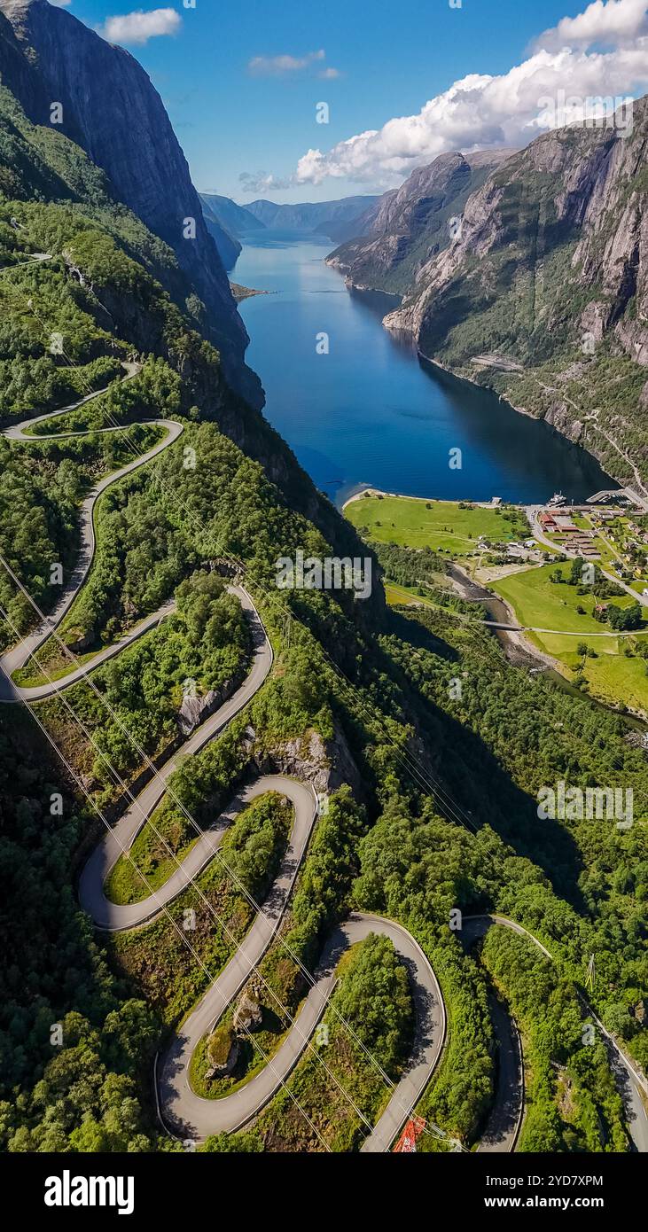 Kjerag, Lysebotn, Lysefjorden, Norway, An aerial view of a winding road ...
