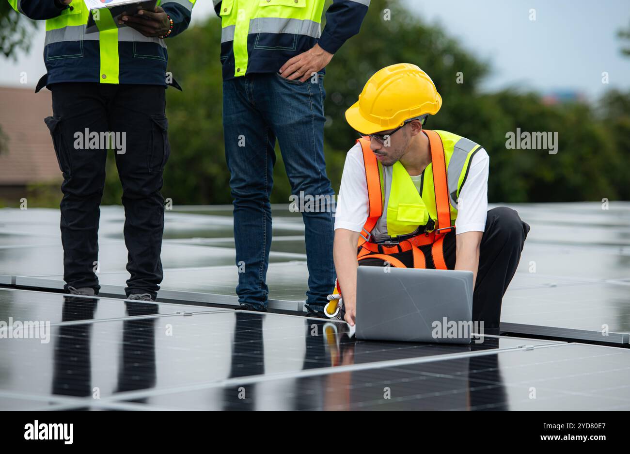 Group of engineer and technician inspects solar panel installation and ...