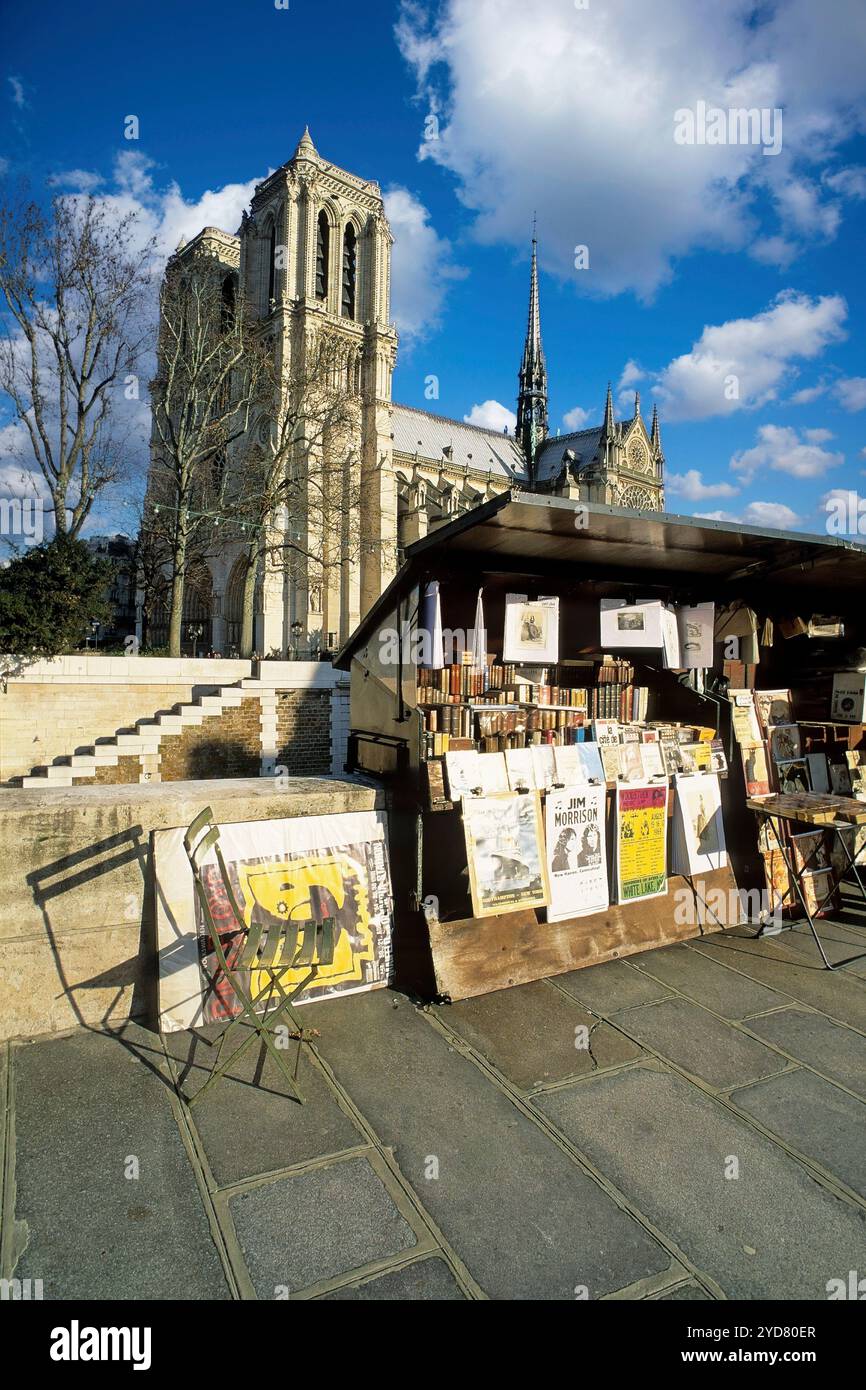 France Paris - Second hand book stalls along the Seine river - Unesco heritage and in backgroung ...