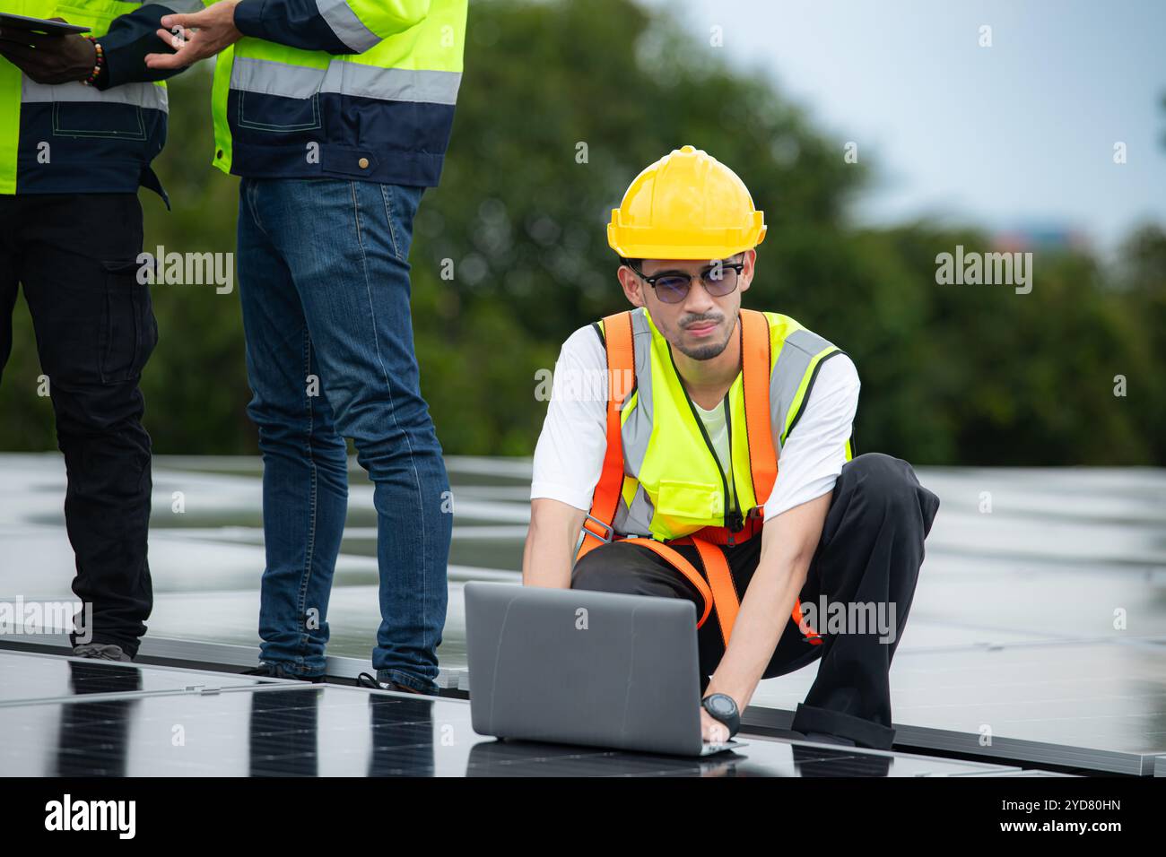 Group of engineer and technician inspects solar panel installation and ...