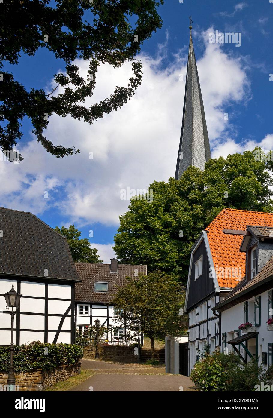 Old town with the church tower of Saint Viktor, Schwerte, Unna district ...