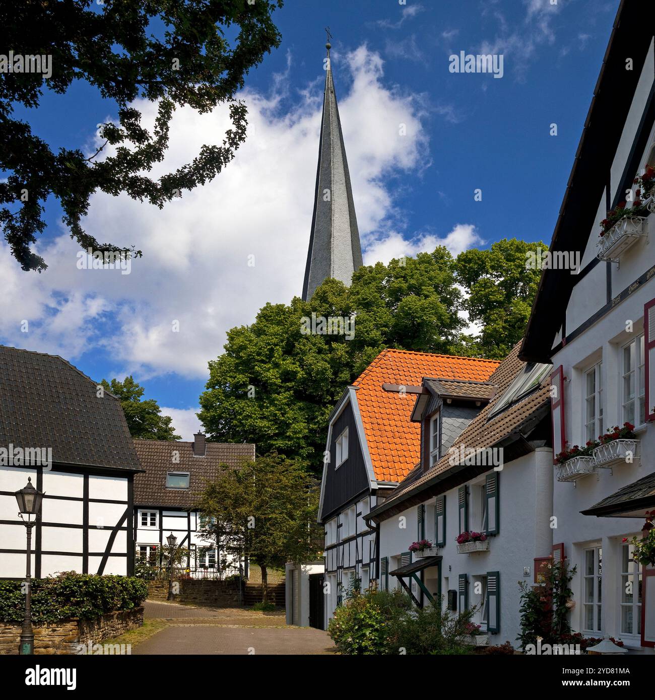 Old town with the church tower of Saint Viktor, Schwerte, Unna district ...
