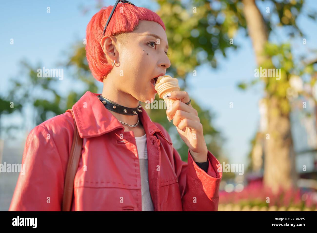 Traveler Gen z girl leather fashion with punk Asian woman tourist of ...