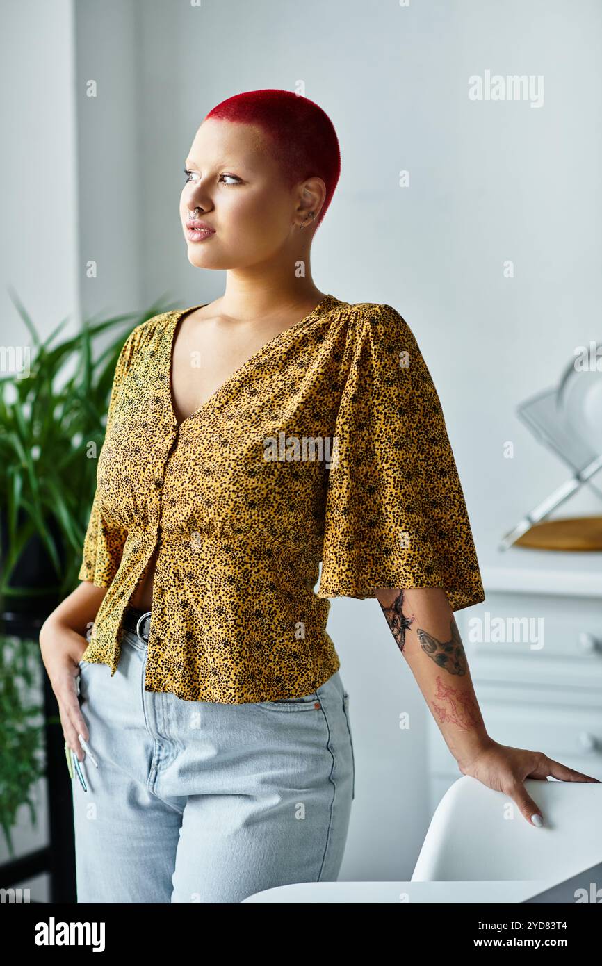 Bald woman with bold red hair color poses confidently in a stylish ...