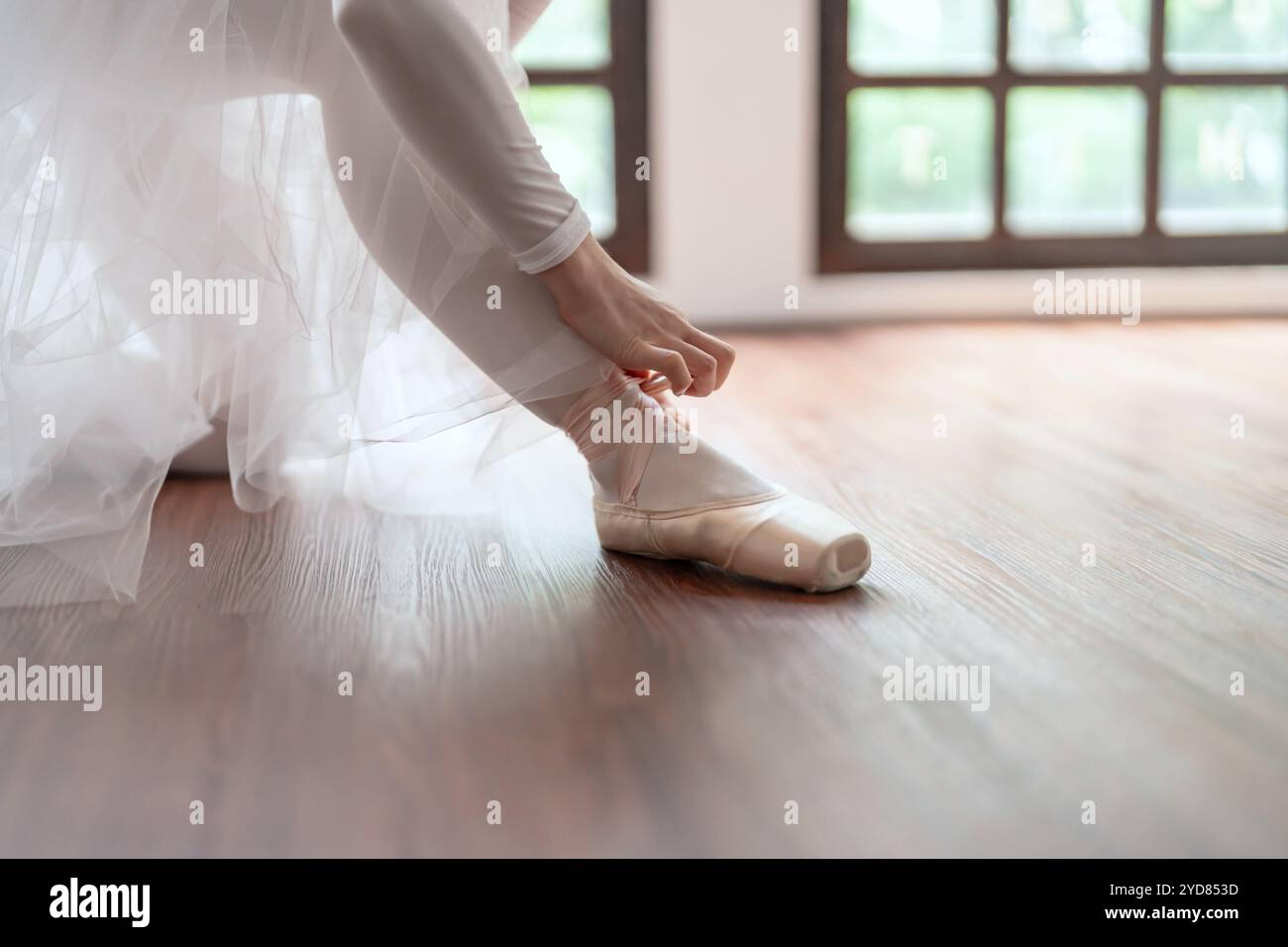 Ballerina in ballet shoes. Asian girlÂ tying ribbons of toe shoes ...