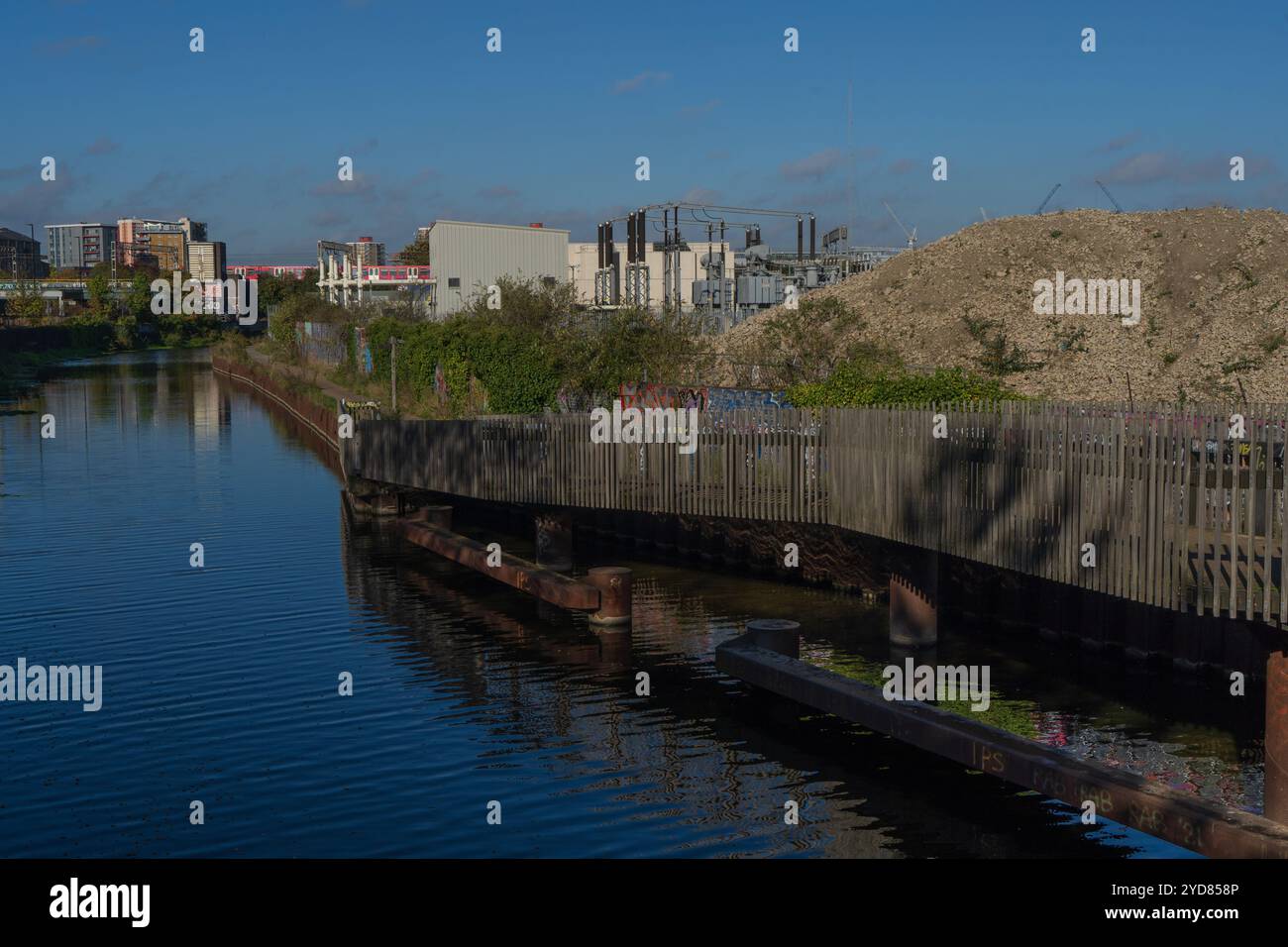 Pedestrian bridge by Lea river canal near Olympic Park in east London ...
