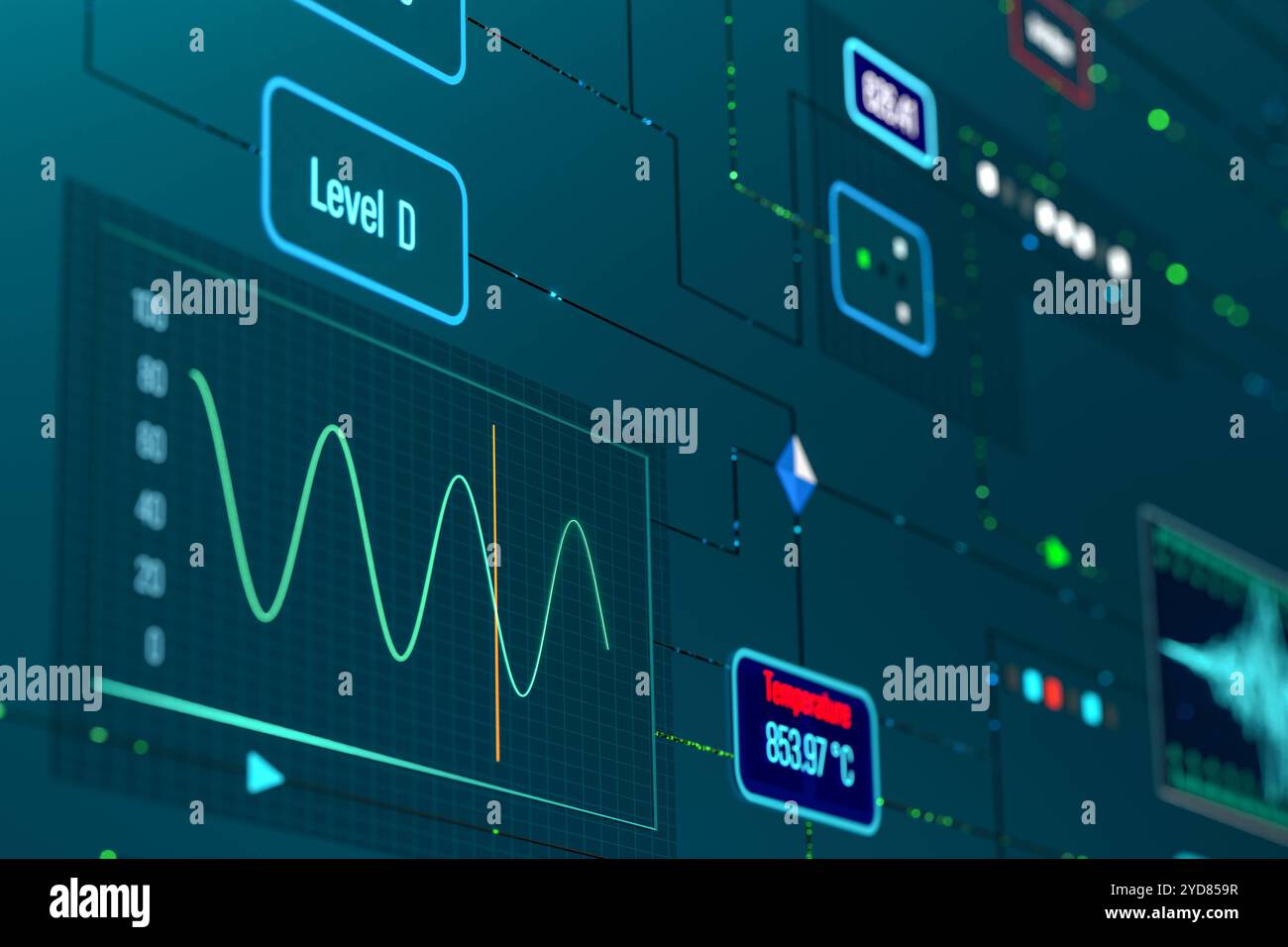 Node tree, control panel, control desk of a factory. Display of a node tree, control panel ...