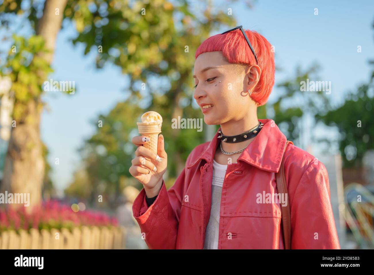 Traveler Gen z girl leather fashion with punk Asian woman tourist of ...