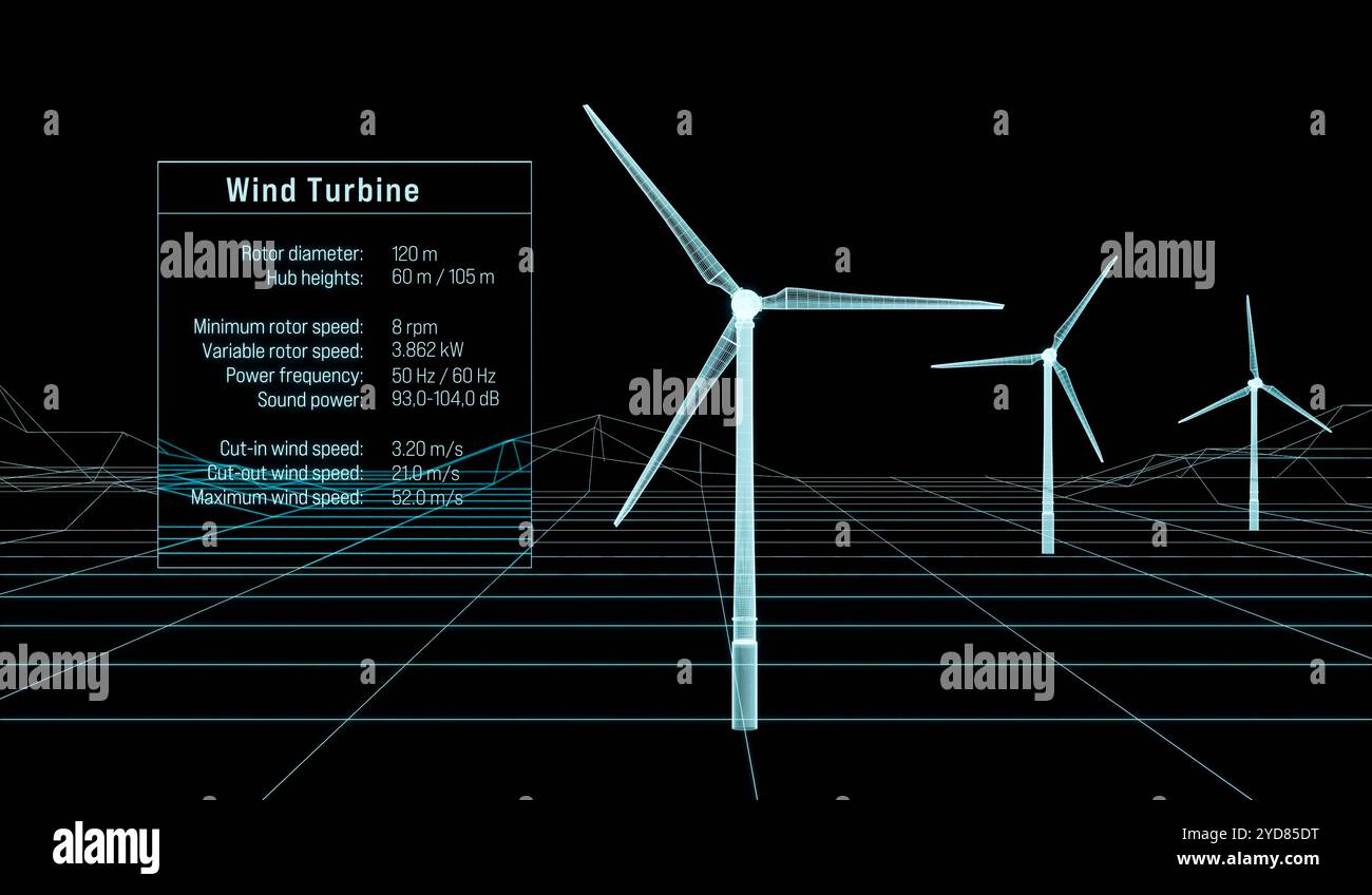 RECORD DATE NOT STATED Hologram of wind turbines with specific technical data on a grid map ...