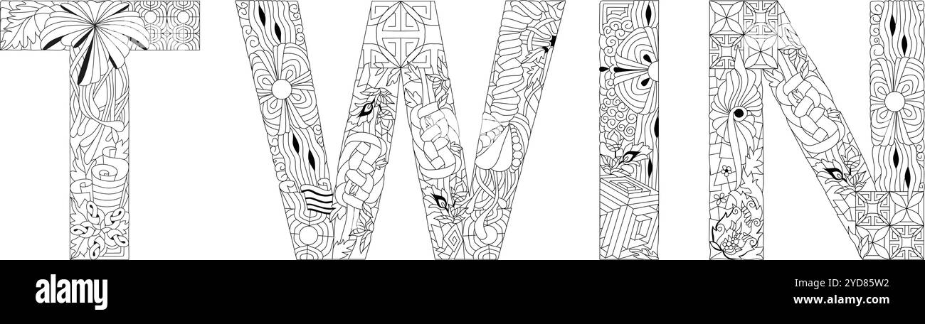 Hand-painted art design. Illustration word TWIN for coloring, for t ...