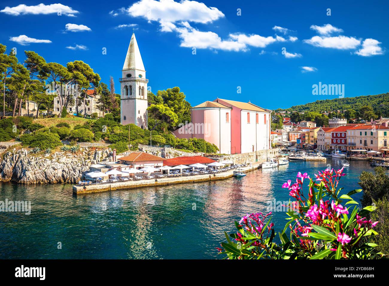 Town of Veli Losinj scenic church and harbour view, Island of Losinj ...