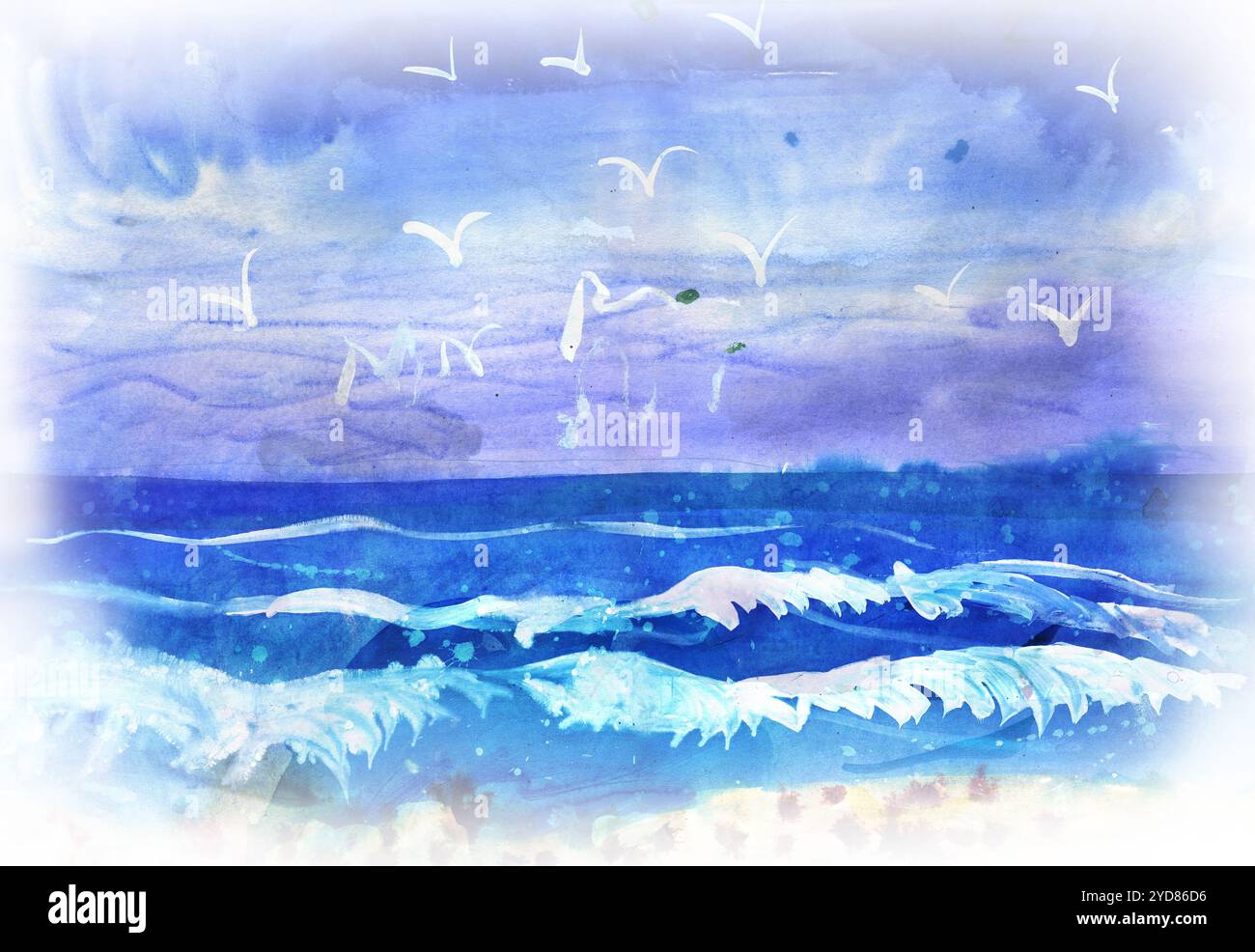 Aquarelle seascape drawing by a seven years old child Stock Photo - Alamy