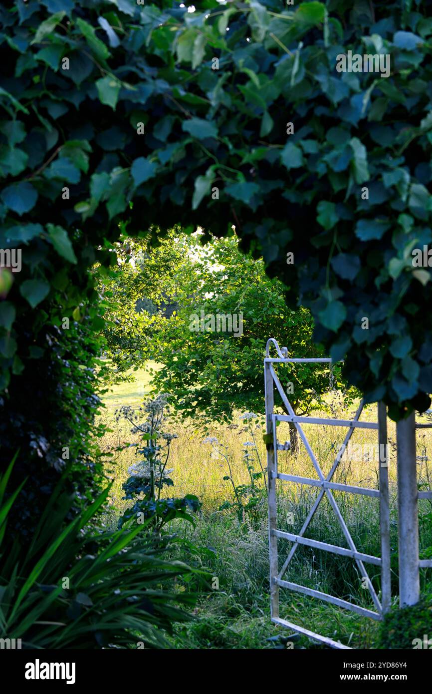 Cottage garden,open metal gate,open entrance,entrance to garden ...