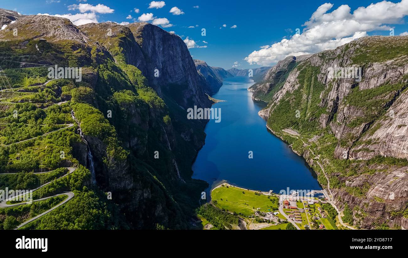 Lysebotn, Lysefjorden, NorwayA scenic aerial view of a winding road ...