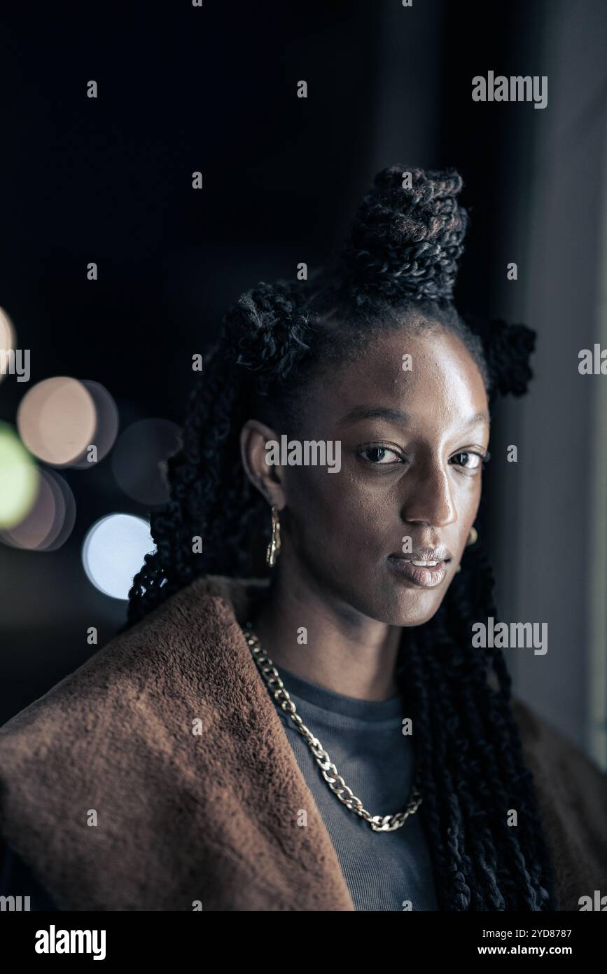 Black female model in Soho at night Stock Photo - Alamy