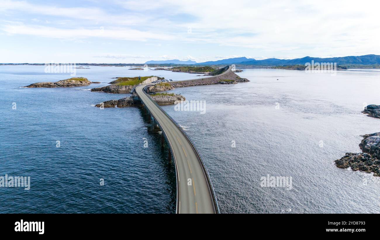An aerial view of the Atlantic Road in Norway, showcasing a winding ...