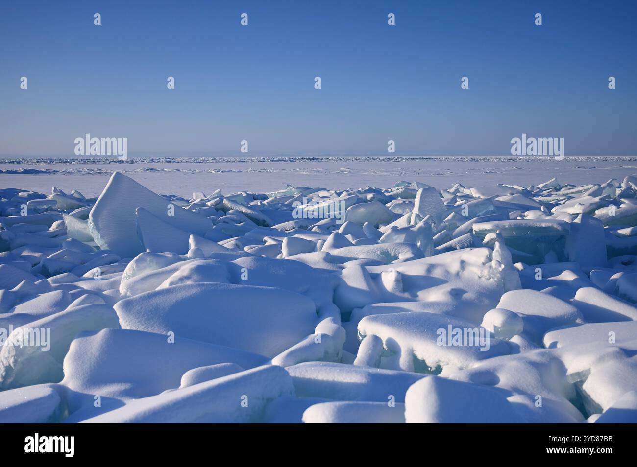 Huge ridge of ice hummocks after powerful winter storm and ice pressure ...