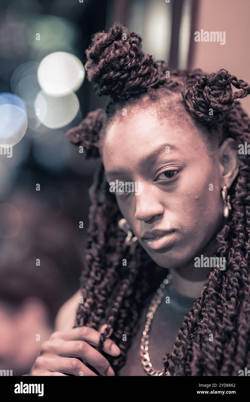 Black female model in Soho at night Stock Photo - Alamy