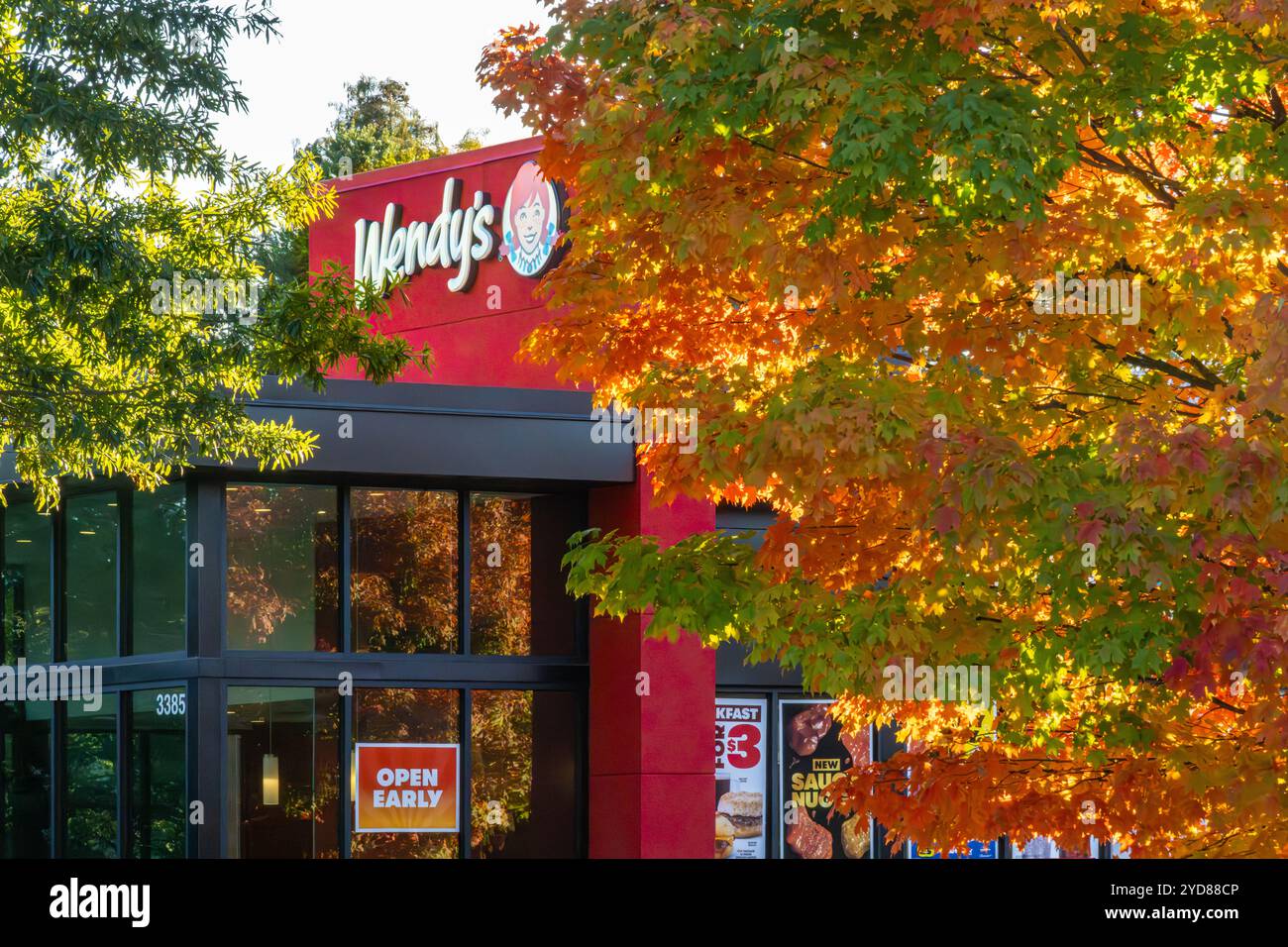 Wendy's fast food restaurant with colorful autumn leaves at sunset in ...