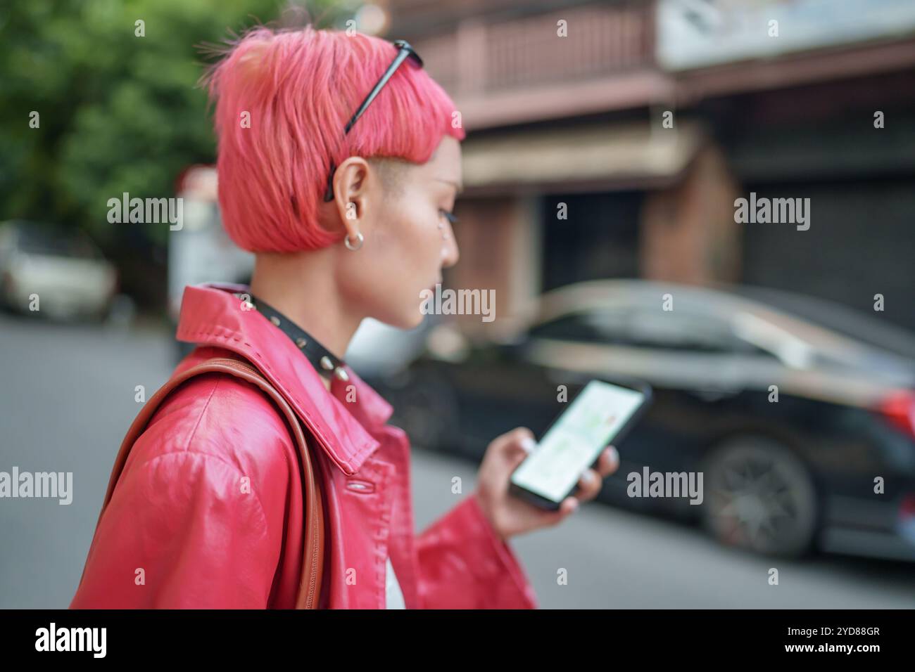 Traveler Gen z girl leather fashion with punk Asian woman touristÂ in ...