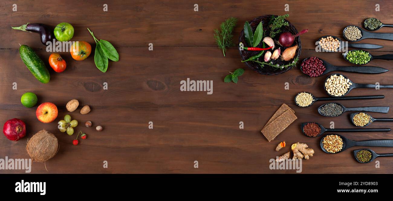 Cereals, herbs arranged on the right side of the panorama with fruits ...